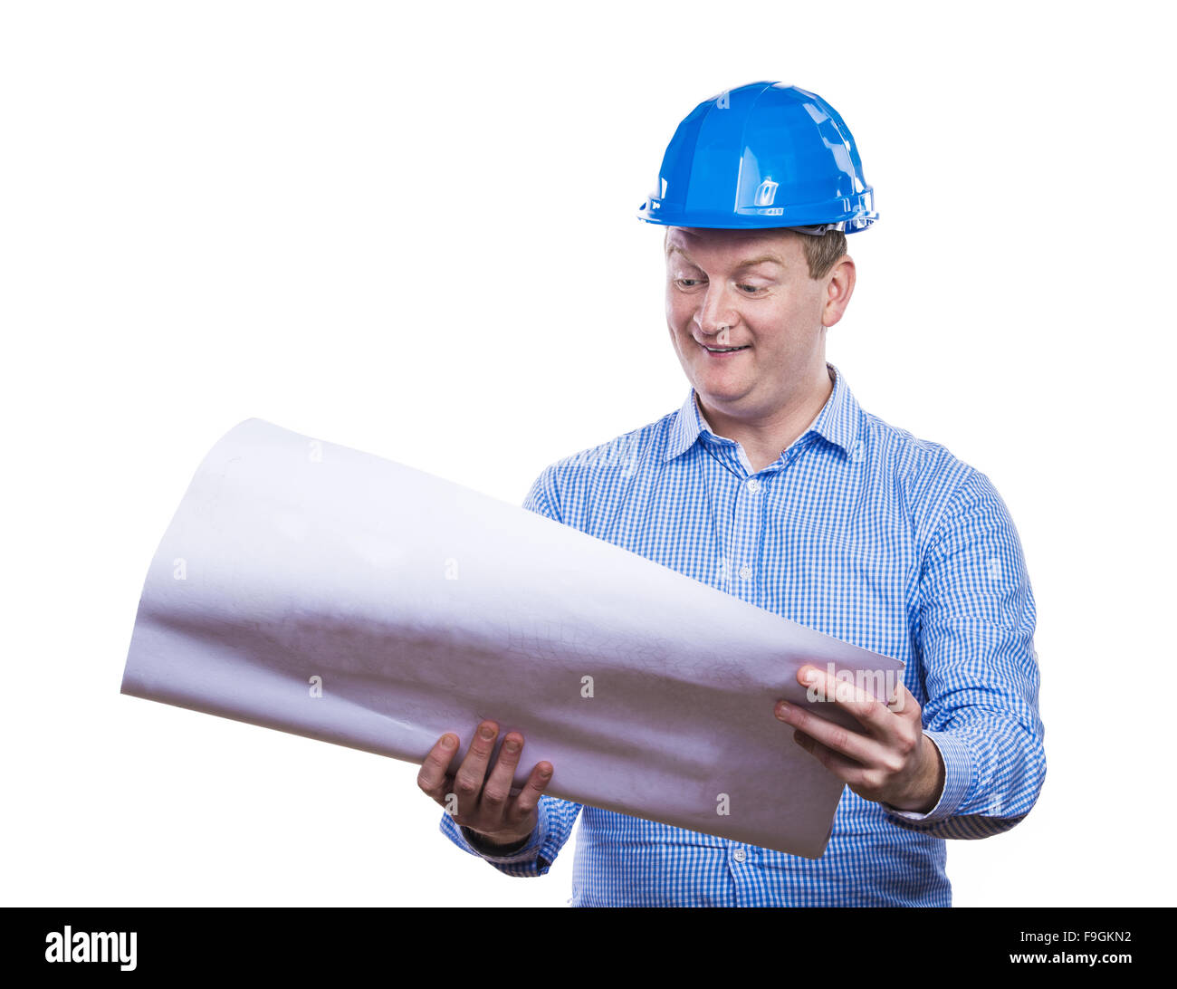 Engineer in blue hard hat holding a blueprint. Studio shot on white ...