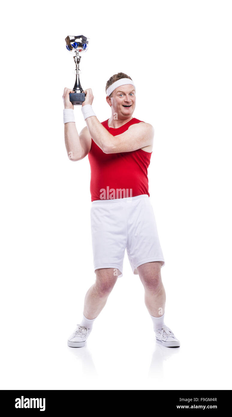 Funny weak sportsman with a trophy. Studio shot on white background ...