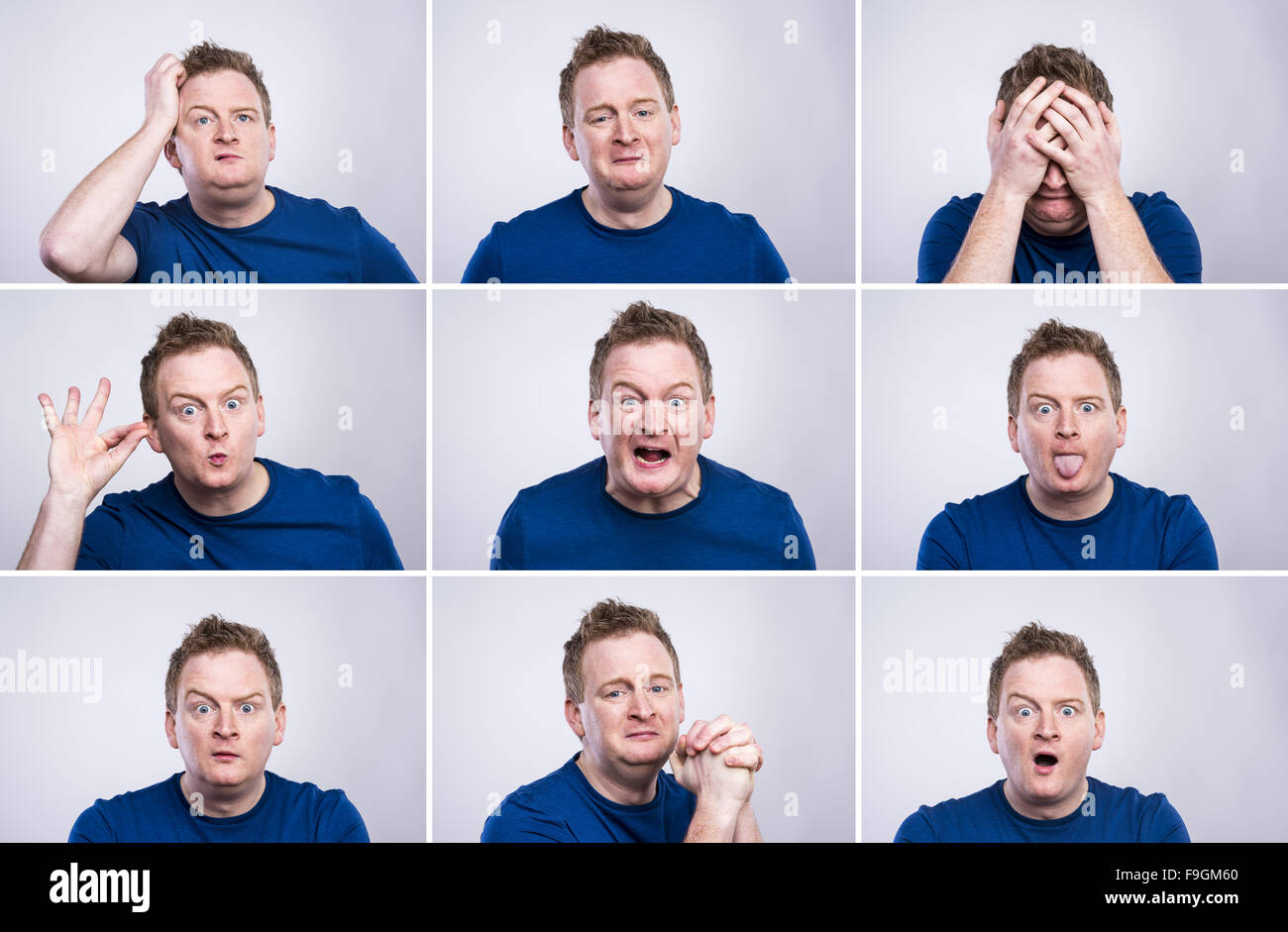 Funny young adult showing his emotions expressively by his gestures and ...