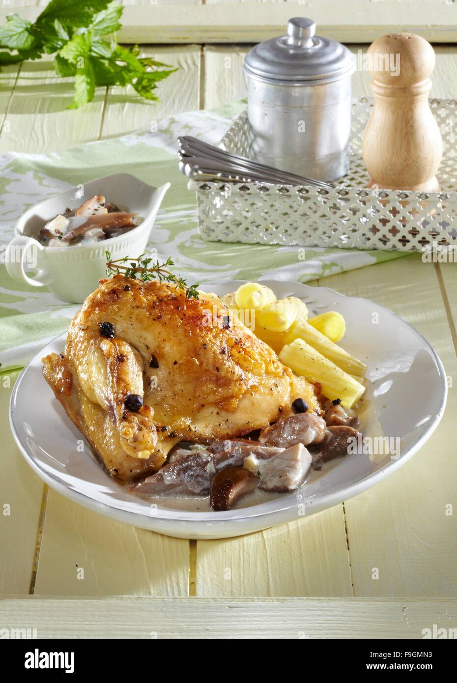 Juniper Chicken and Mushroom Sauce Stock Photo - Alamy