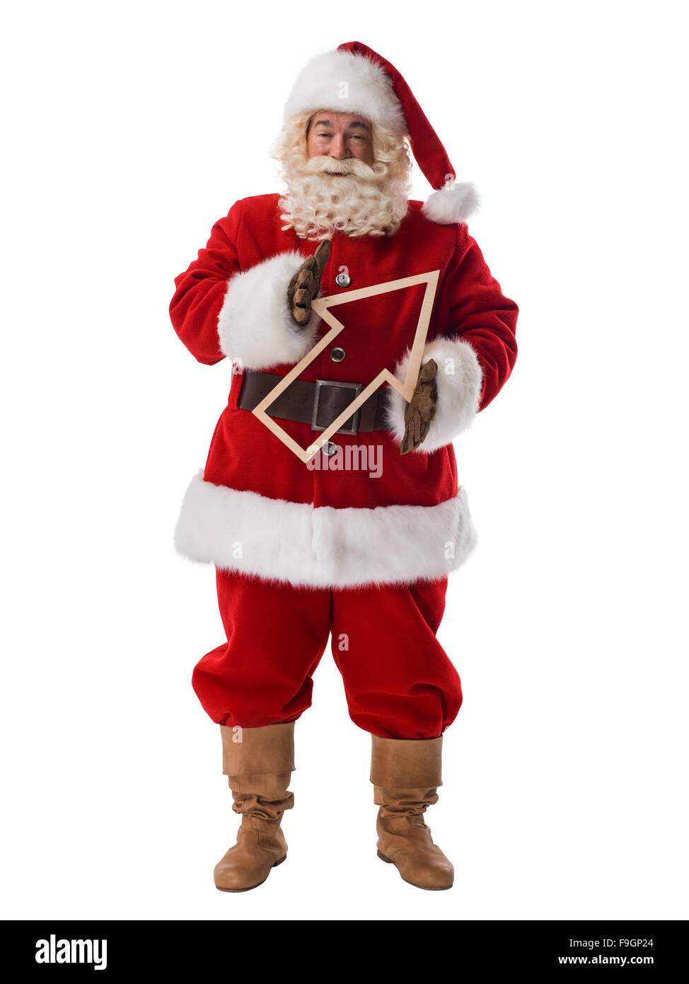Santa Claus with wooden arrow that shows direction Full-Length Portrait ...
