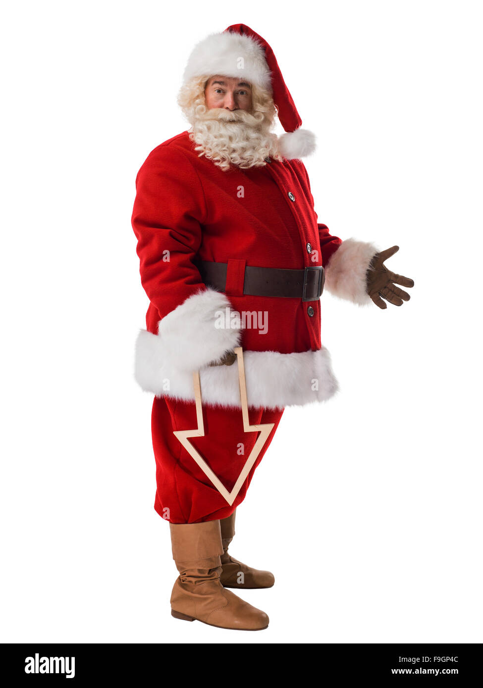 Santa Claus with wooden arrow that shows direction Full-Length Portrait ...