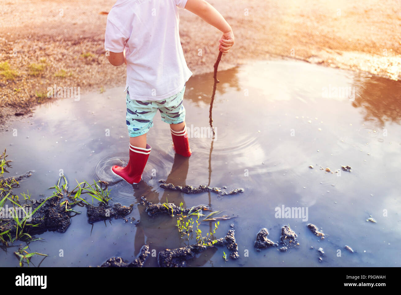 Little boy playing outside in a puddle Stock Photo - Alamy