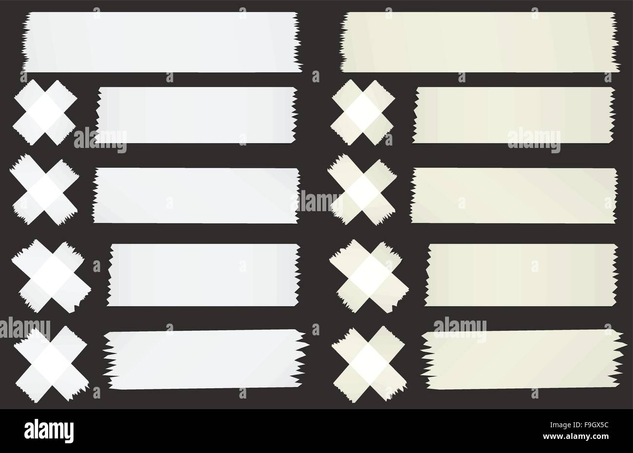 Set of horizontal cross and different size sticky tape pieces on black ...