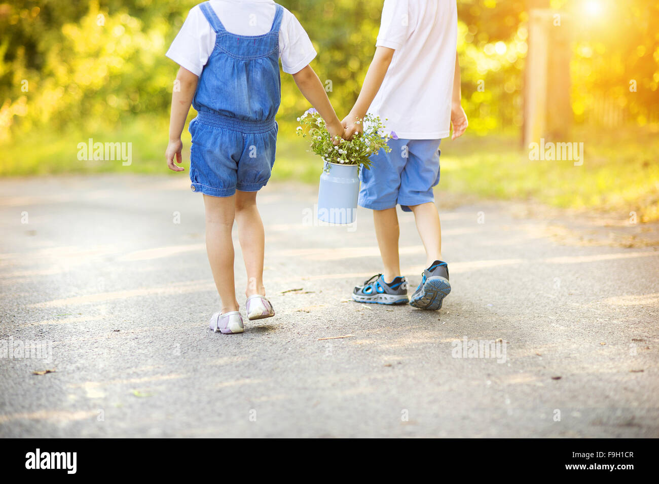 Cute little boy and girl taking a walk outside in nature on a sunny ...