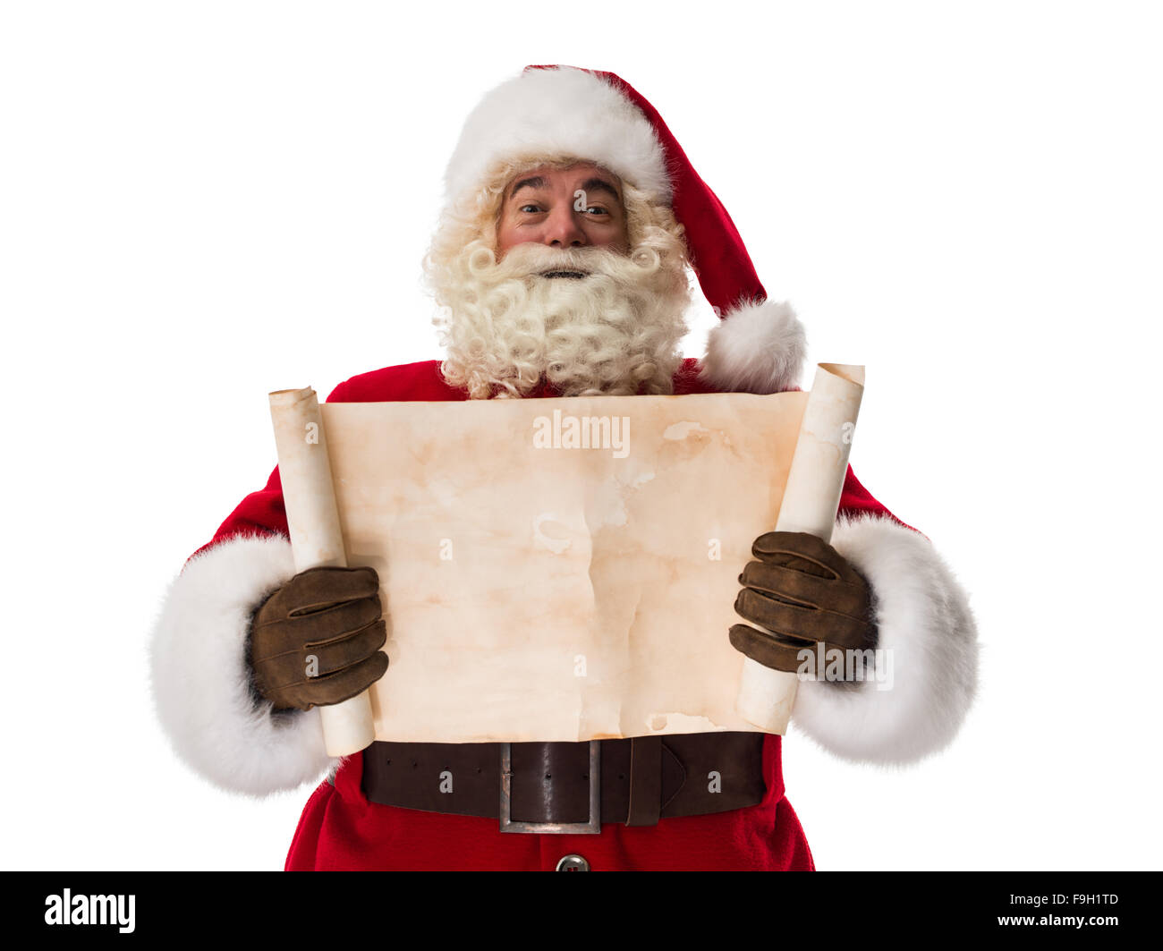 Santa Claus holding blank old scroll Closeup Portrait. Isolated on ...