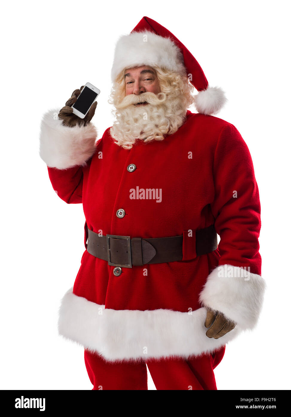 Santa Claus using mobile phone Closeup Portrait. Isolated on White ...