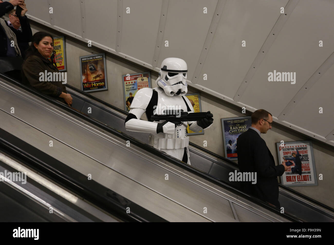 London, UK. 16th December, 2015. A Stormtrooper spotted on the London ...
