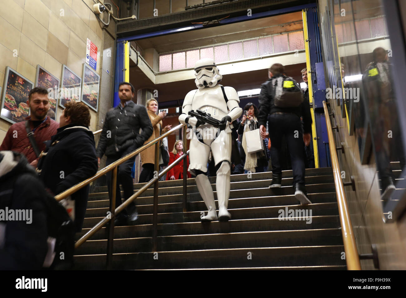 London, UK. 16th December, 2015. A Stormtrooper spotted on the London ...