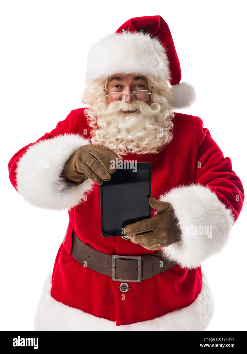Santa Claus using tablet computer Closeup Portrait. Isolated on White ...