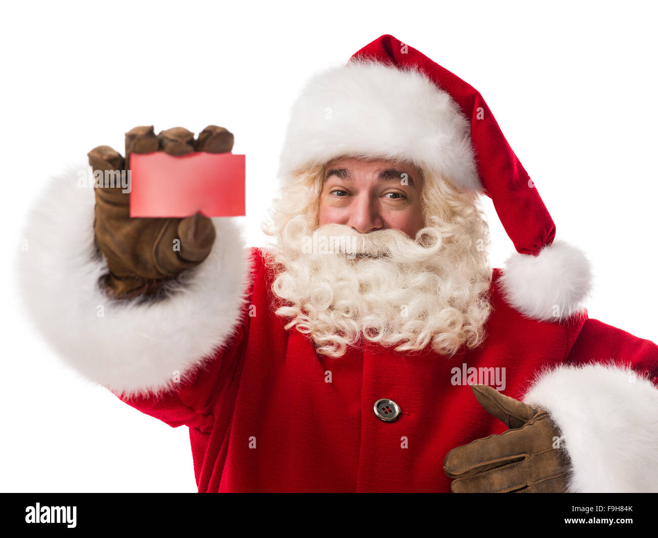 Santa Claus holding business card Closeup Portrait. Isolated on White ...