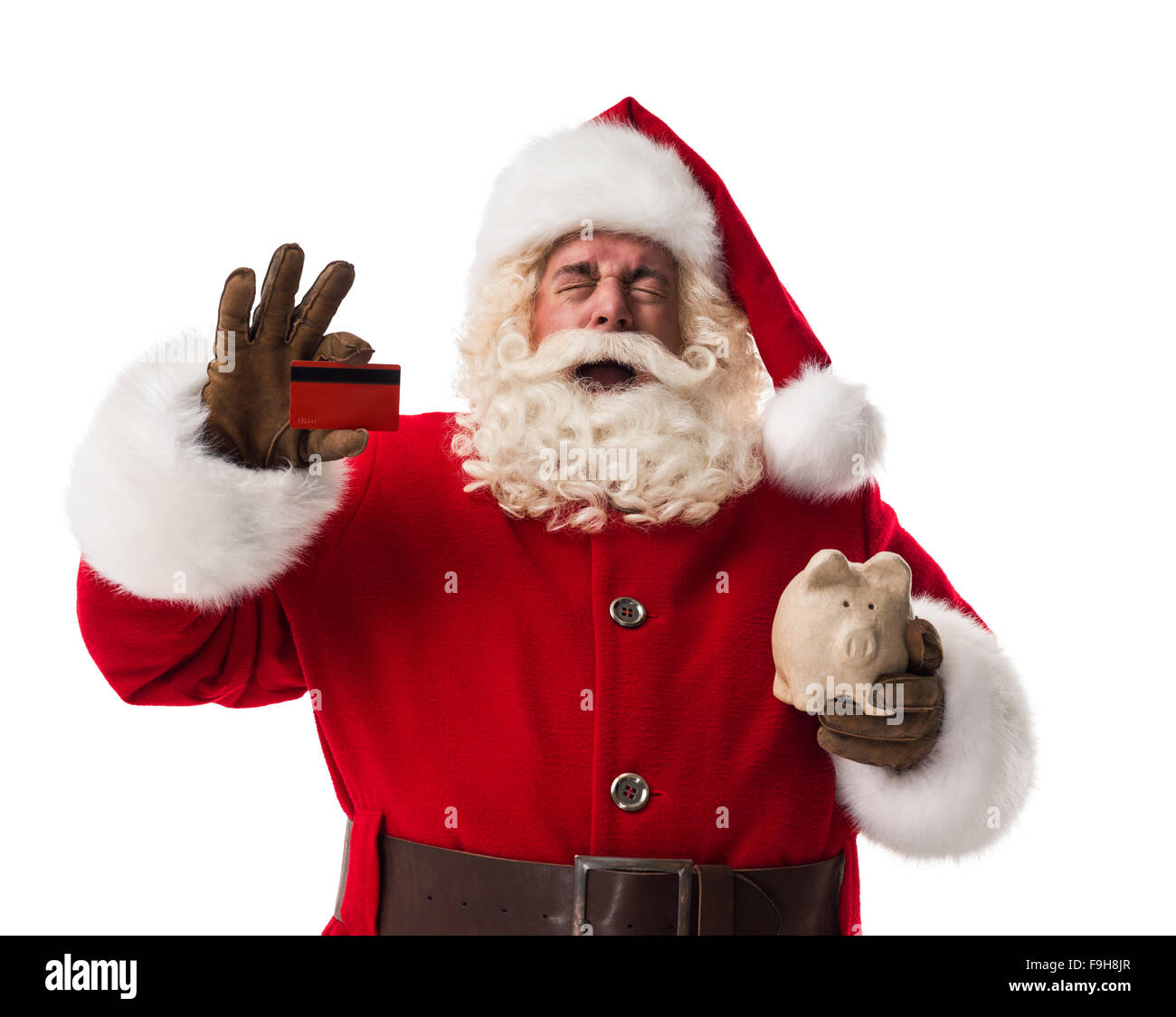 Santa Claus with credit card and piggy bank Closeup Portrait. Isolated ...