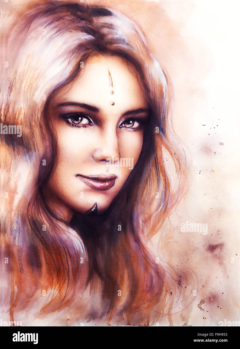 portrait of a young enchanting woman face with long wavy hair and a ...