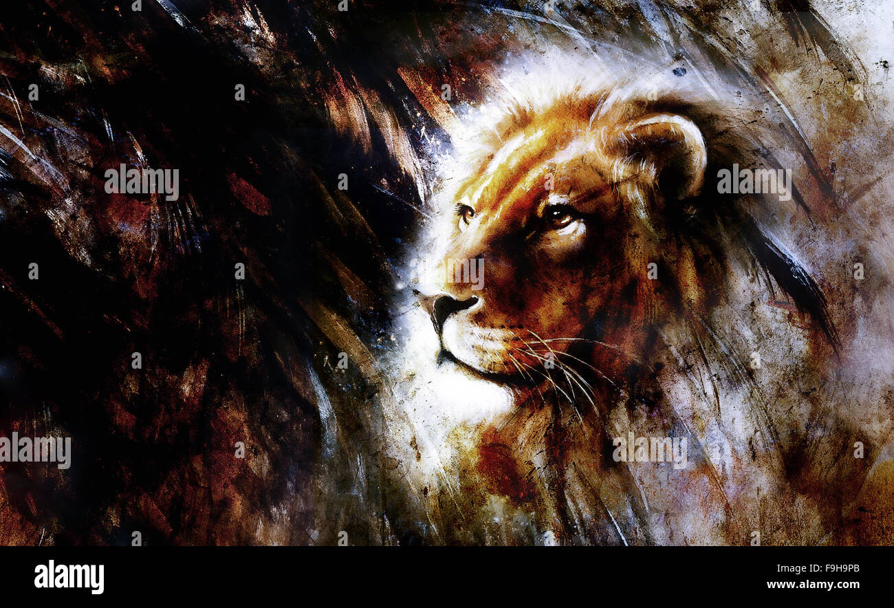 lion portrait on abstract background with feather pattern, rust effect ...