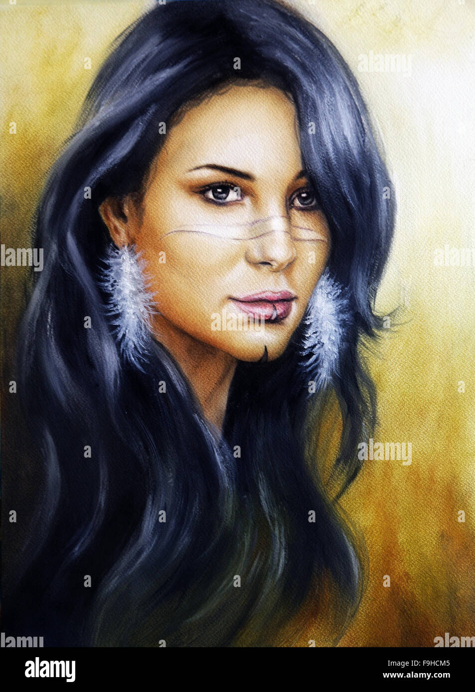 Beautiful illustration portrait of a young enchanting woman face wit ...