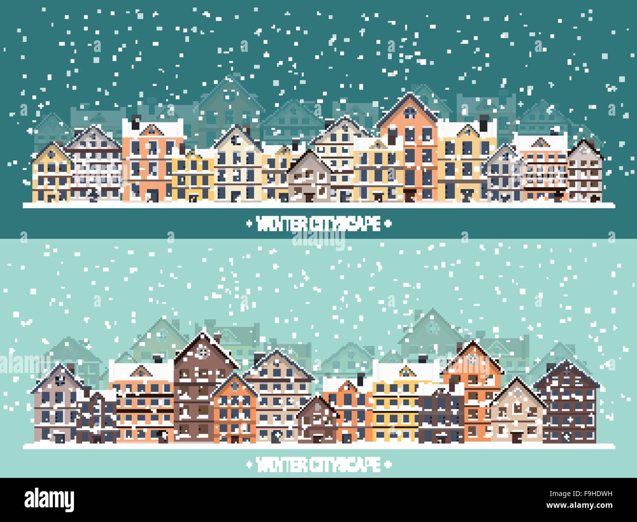 Vector illustration. Winter urban landscape. City with snow. Christmas ...