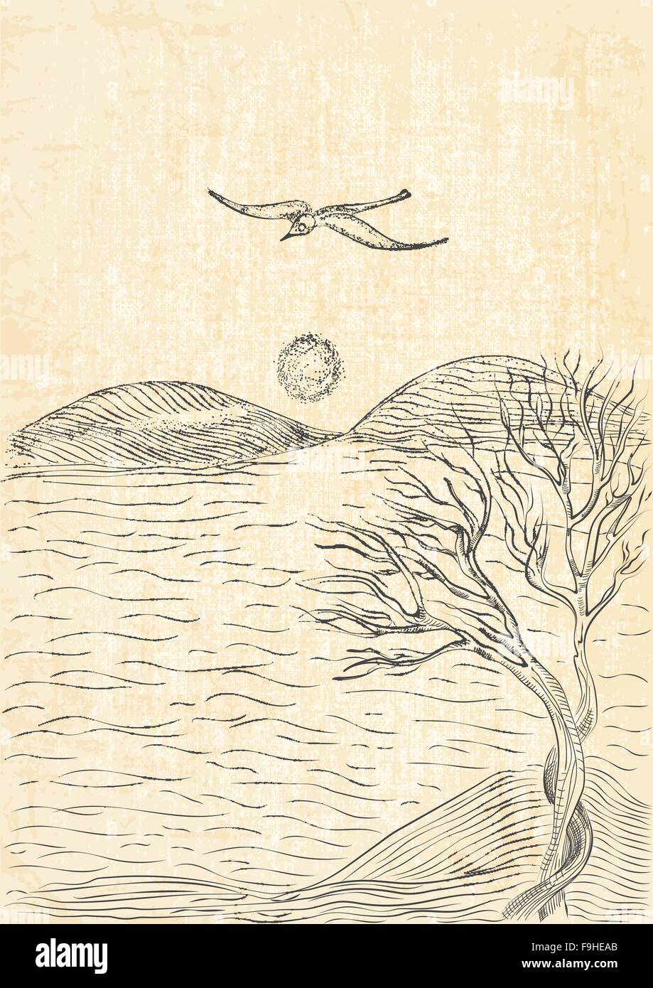 landscape with tree on a hilly sea shore and flying seagull. Monochrome ...