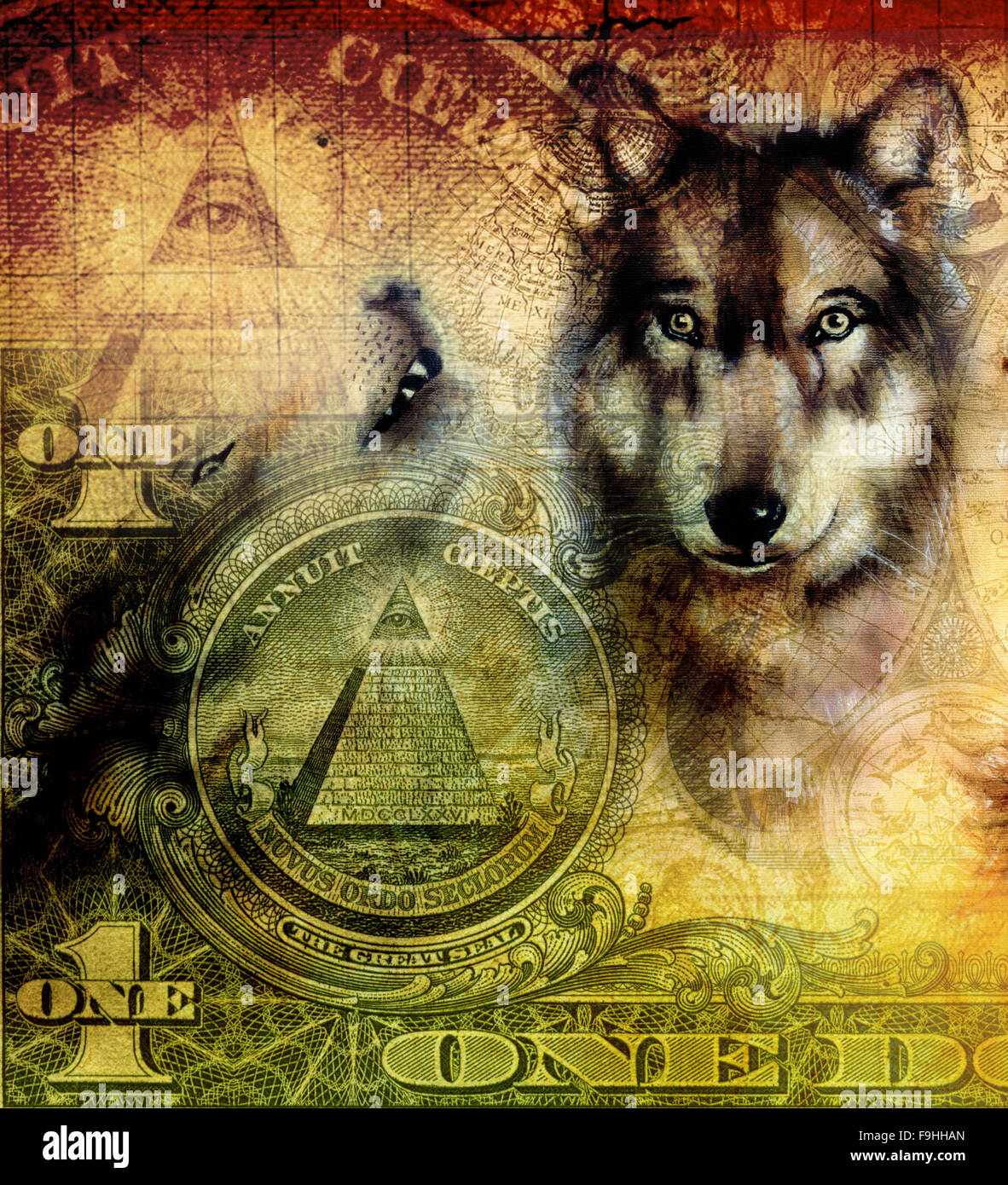 one dollar collage with wolf head, painting on canvas, color ornamental ...