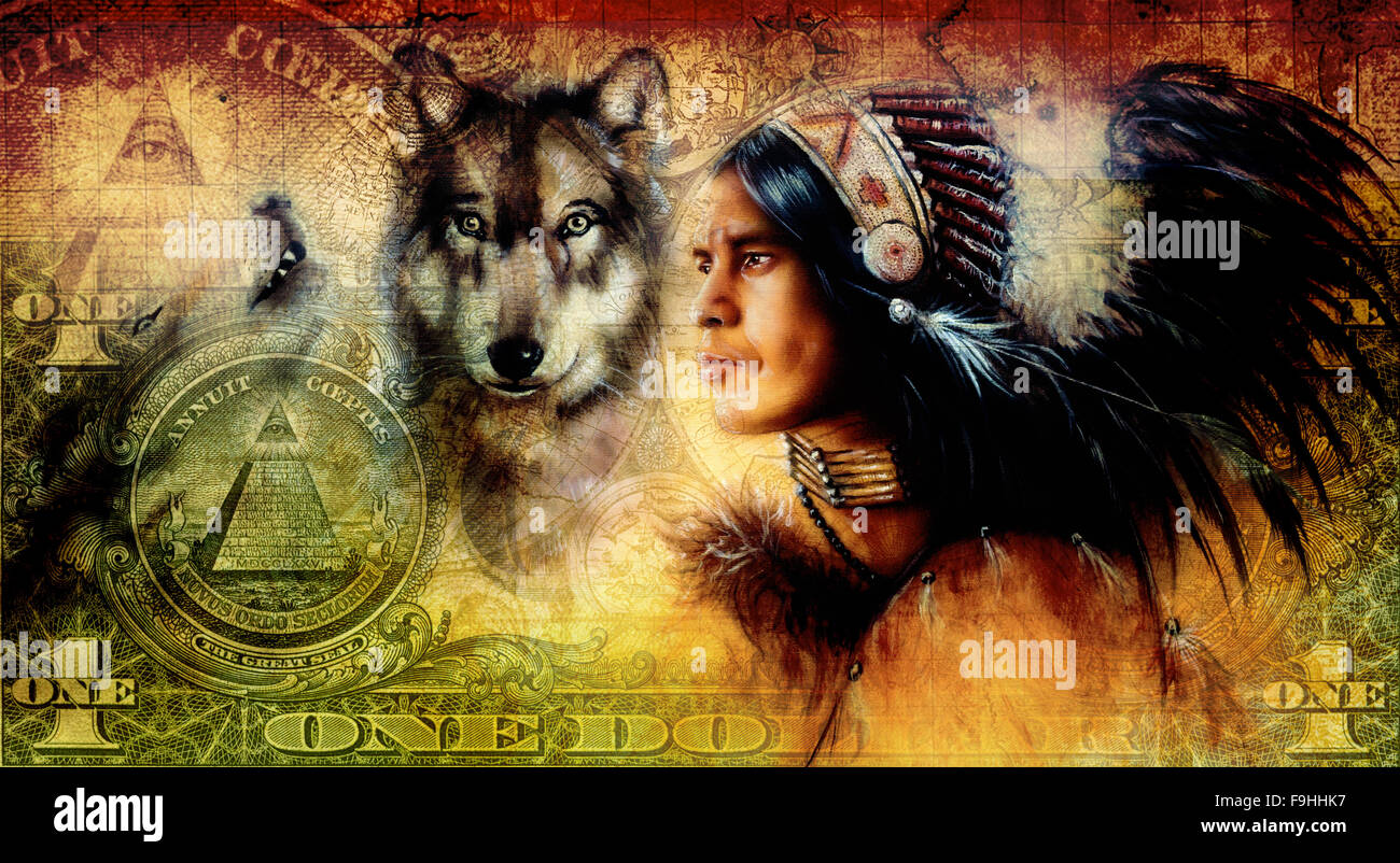 one dollar banknote collage with tribal indian man warrior and two ...