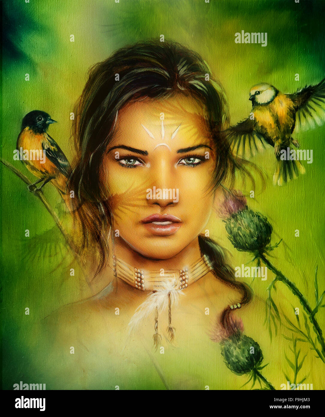beautiful portrait of a young enchanting woman face with birds, on ...
