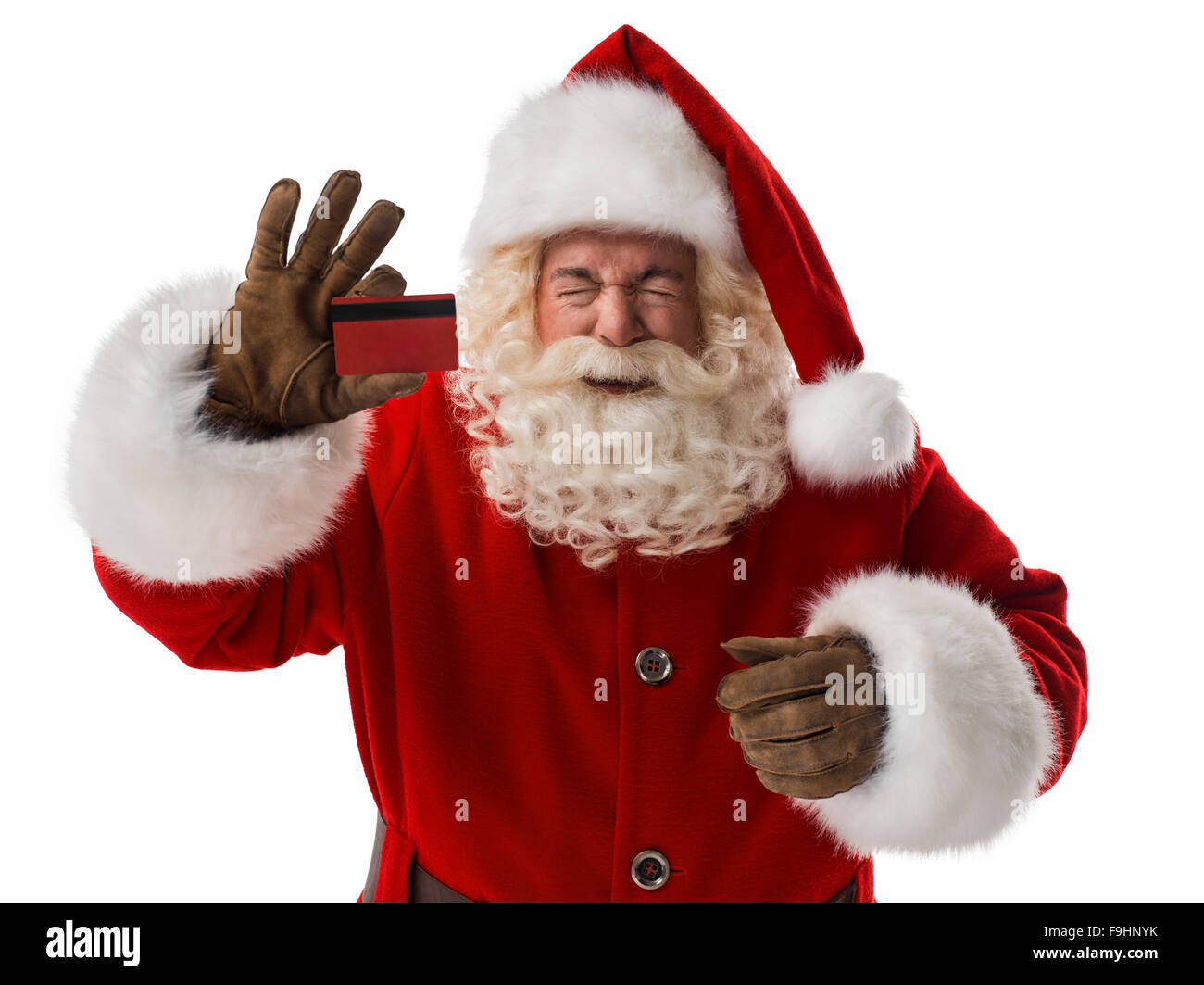Santa Claus holding credit card and laughing Closeup Portrait. Isolated ...