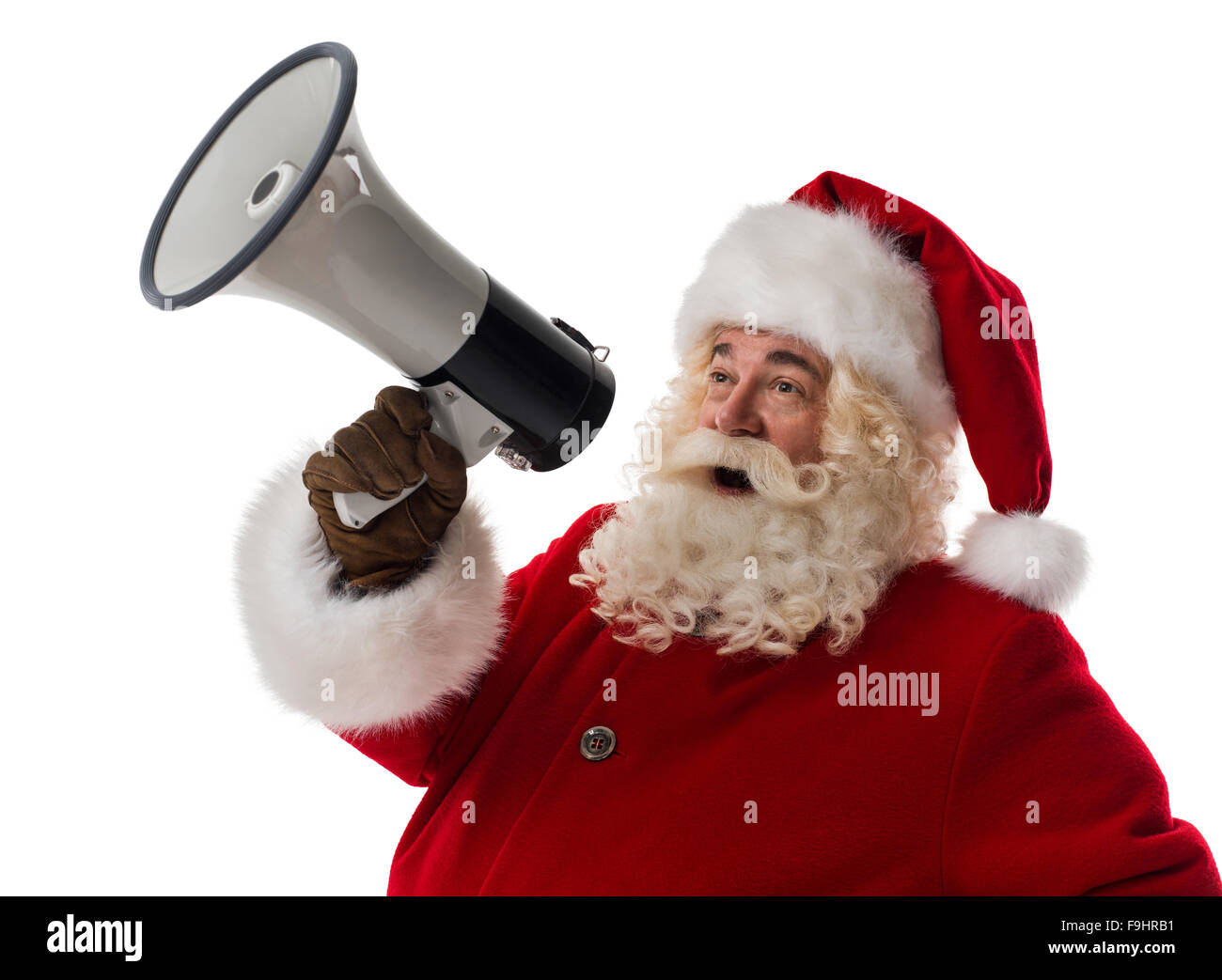 Santa Claus speaking in megaphone Closeup Portrait. Isolated on White ...