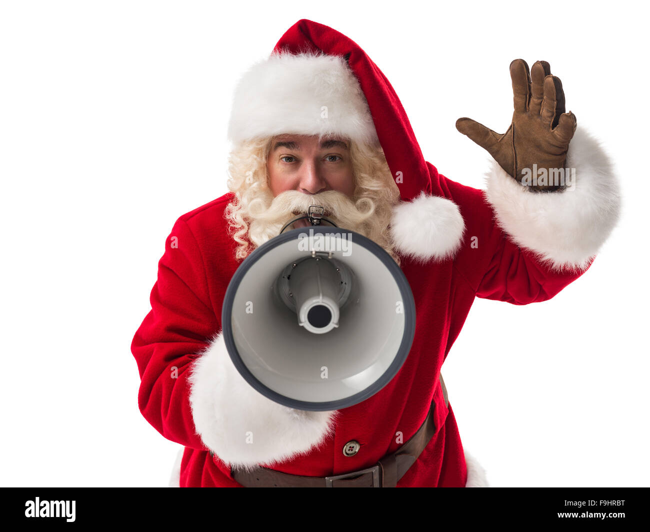 Santa Claus speaking in megaphone Closeup Portrait. Isolated on White ...