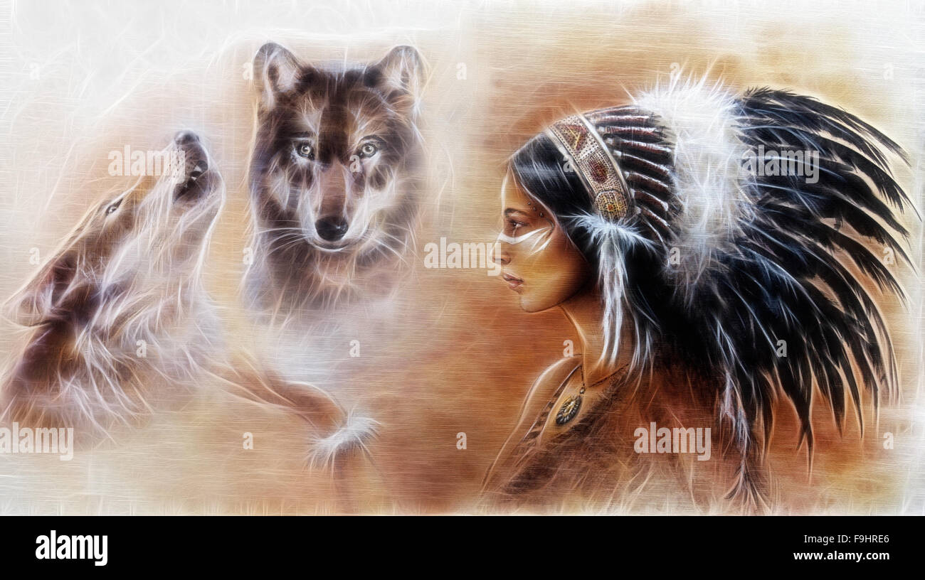 young indian woman wearing a gorgeous feather headdress, with wolves ...