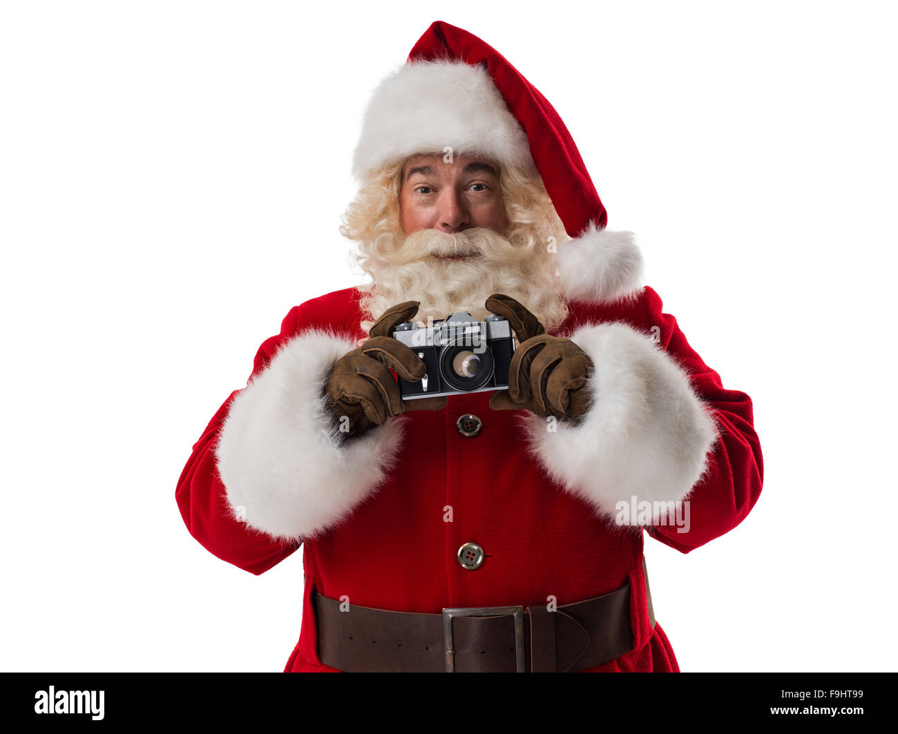 Santa Claus holding vintage camera Closeup Portrait. Isolated on White ...