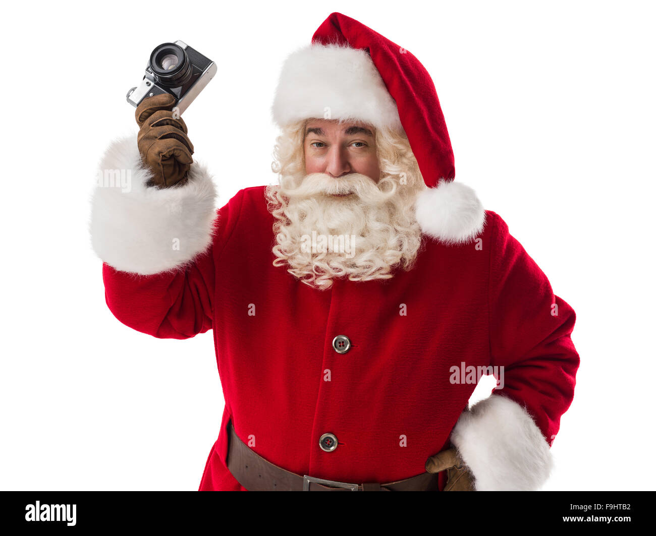 Santa Claus holding vintage camera Closeup Portrait. Isolated on White ...