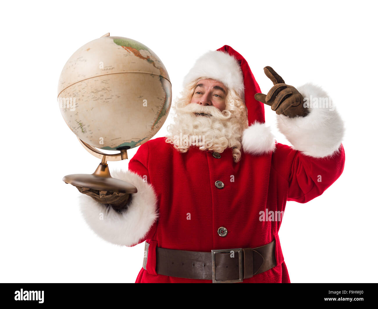 Santa Claus holding globe Closeup Portrait. Isolated on White ...