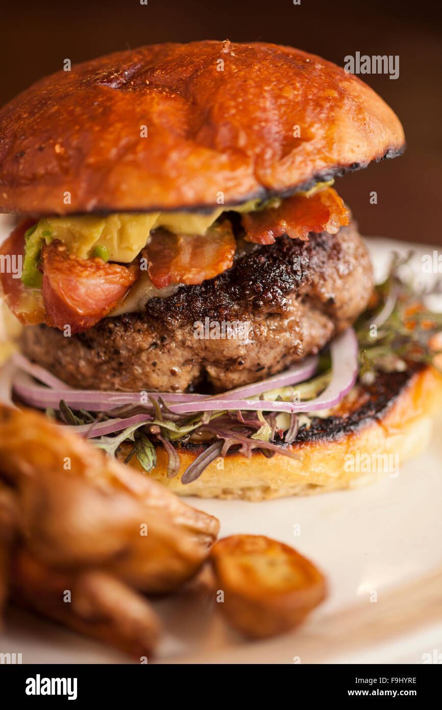hamburger with avocado, bacon, cheese and onions, Barbareno Restaurant ...