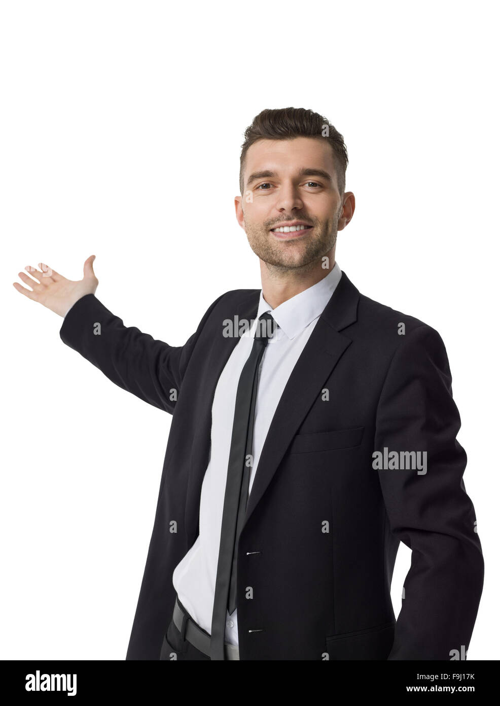 Businessman presenting something Closeup Portrait isolated on White ...