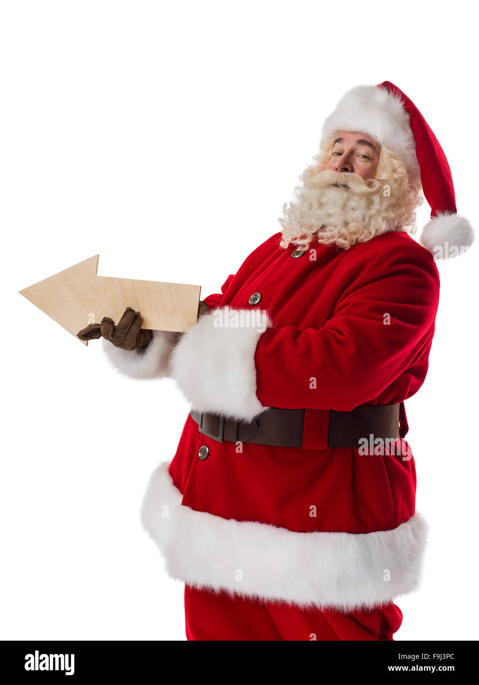 Santa Claus holding arrow showing direction Closeup Portrait isolated ...