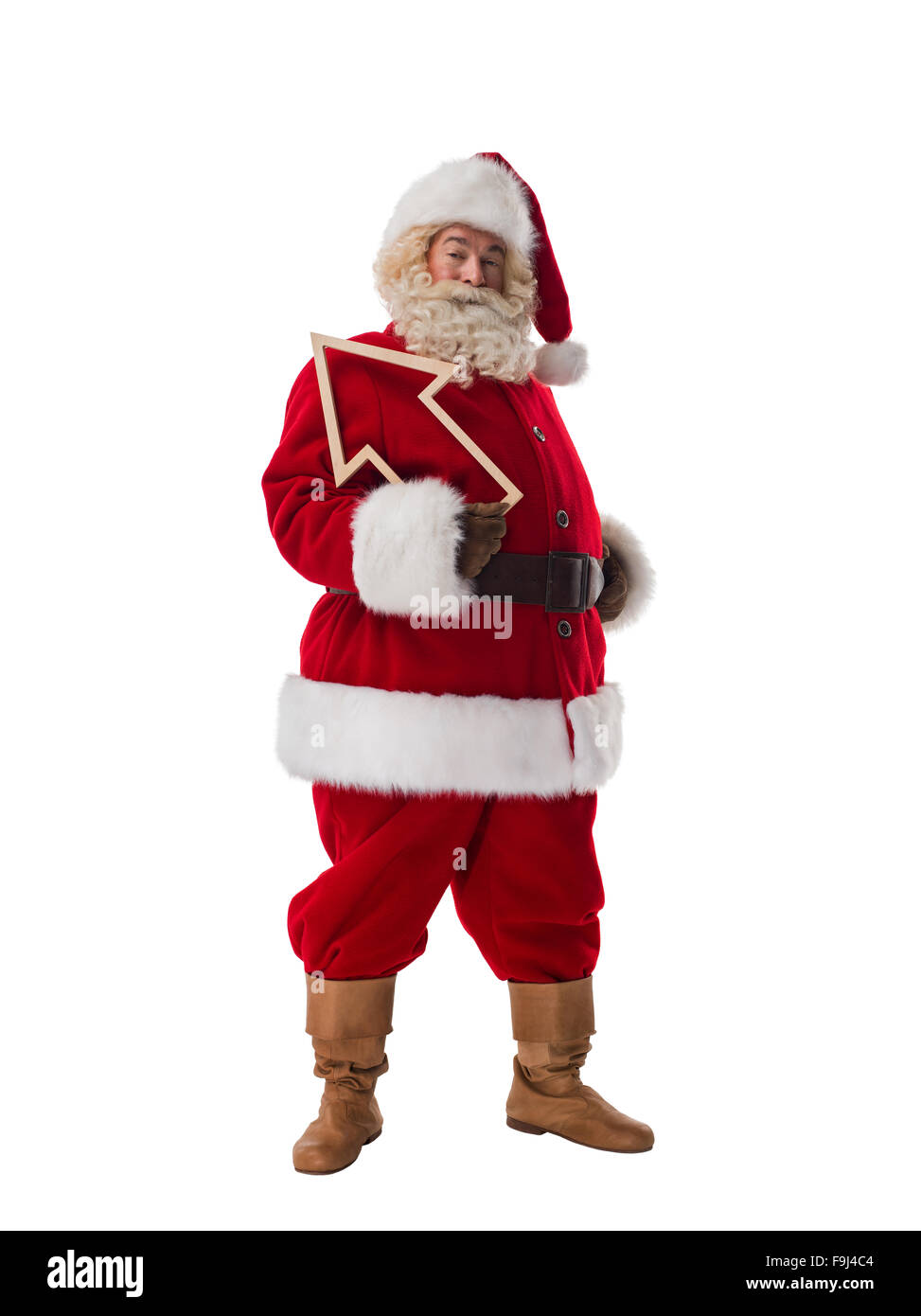 Santa Claus holding wooden arrow and showing direction Full Length ...