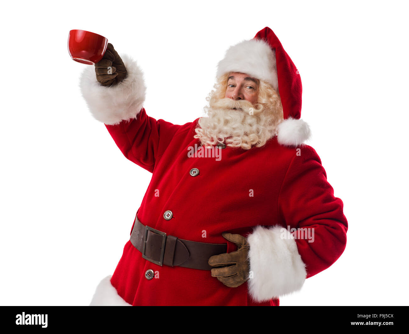 Santa Claus holding red cup Closeup Portrait isolated on White ...