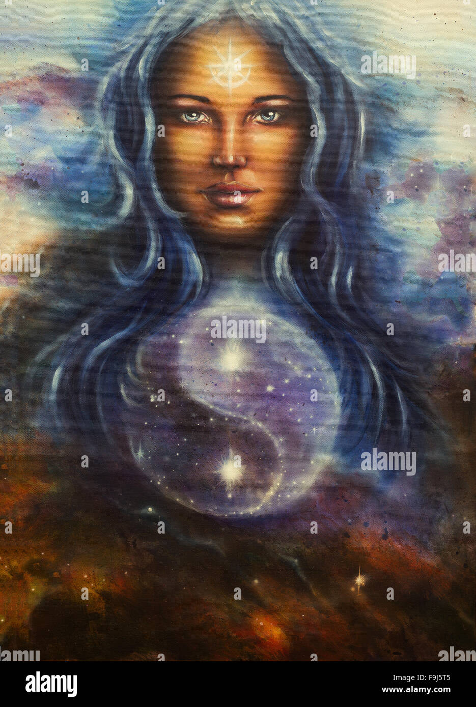 space woman goddess Lada as a mighty loving guardian, with symbol jin ...