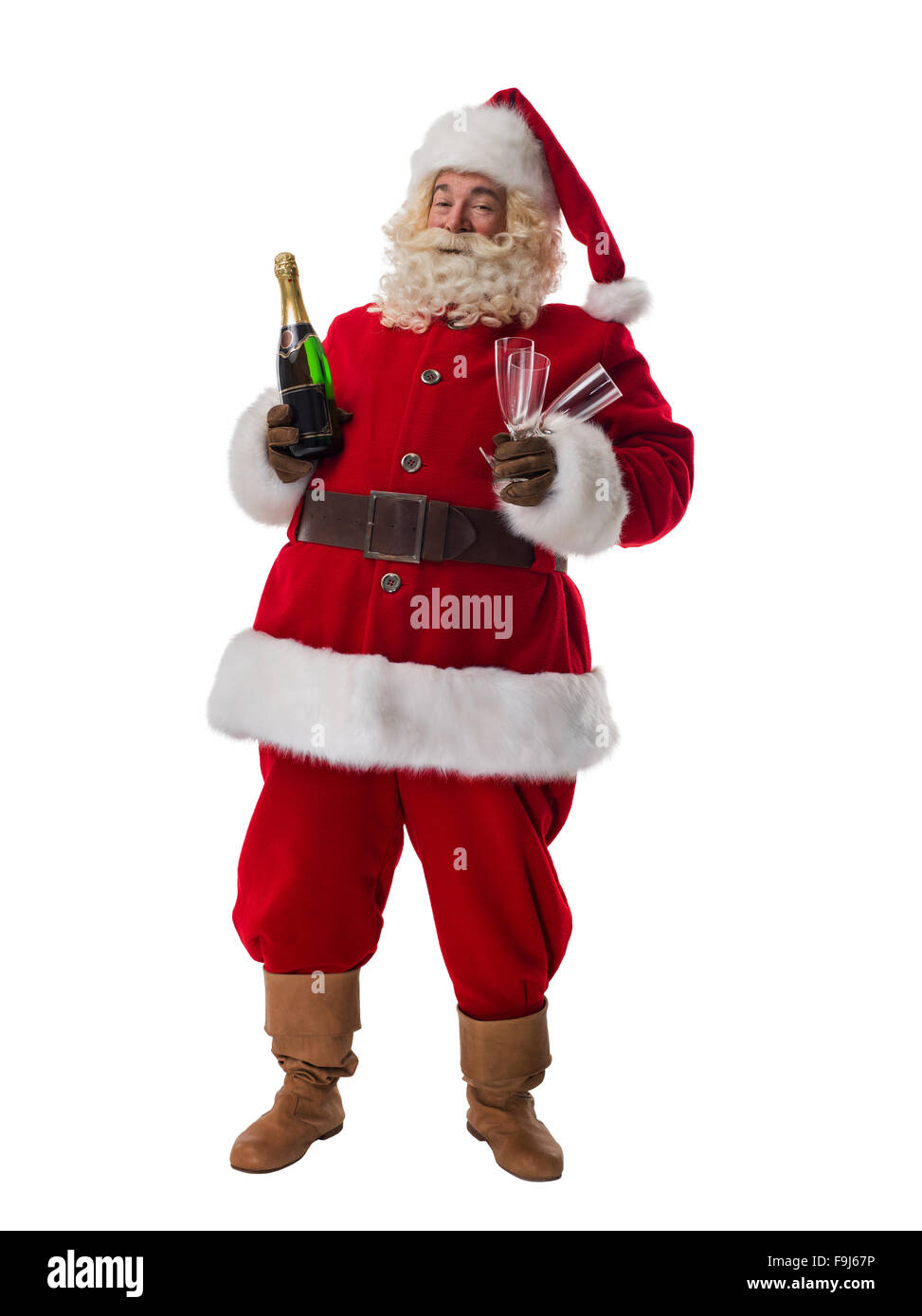 Santa Claus drinking champagne Full Length Portrait isolated on White ...