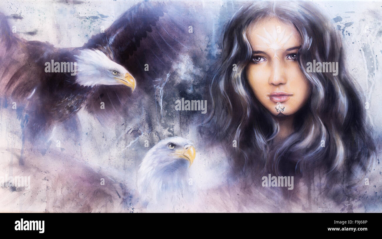 A beautiful airbrush painting of an enchanting woman face with two ...