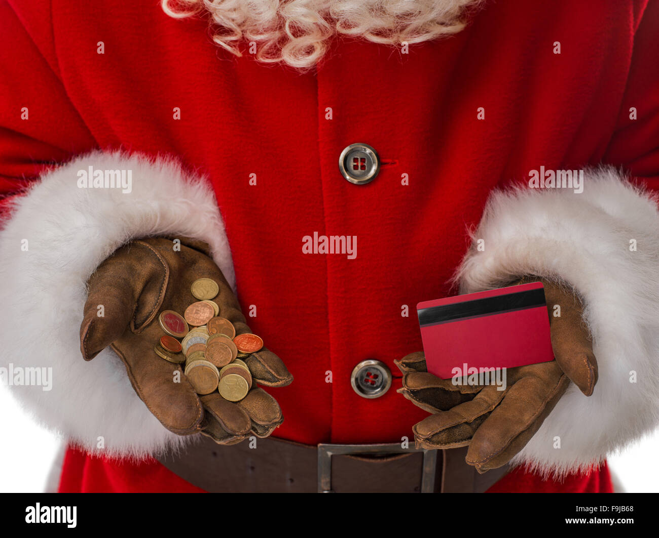 Santa Claus holding cash and bank card Closeup Portrait Isolated on ...