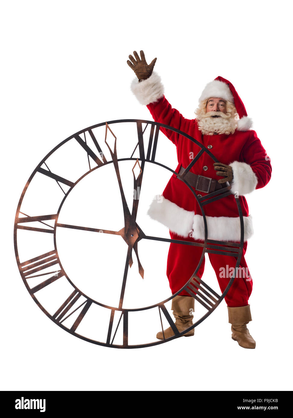 Santa Claus posing with big watches Full Length Portrait Isolated on ...