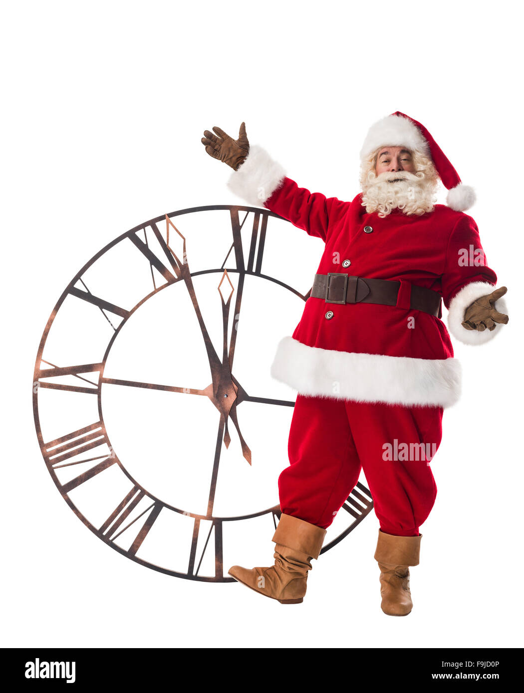 Santa Claus posing with big watches Full Length Portrait Isolated on ...