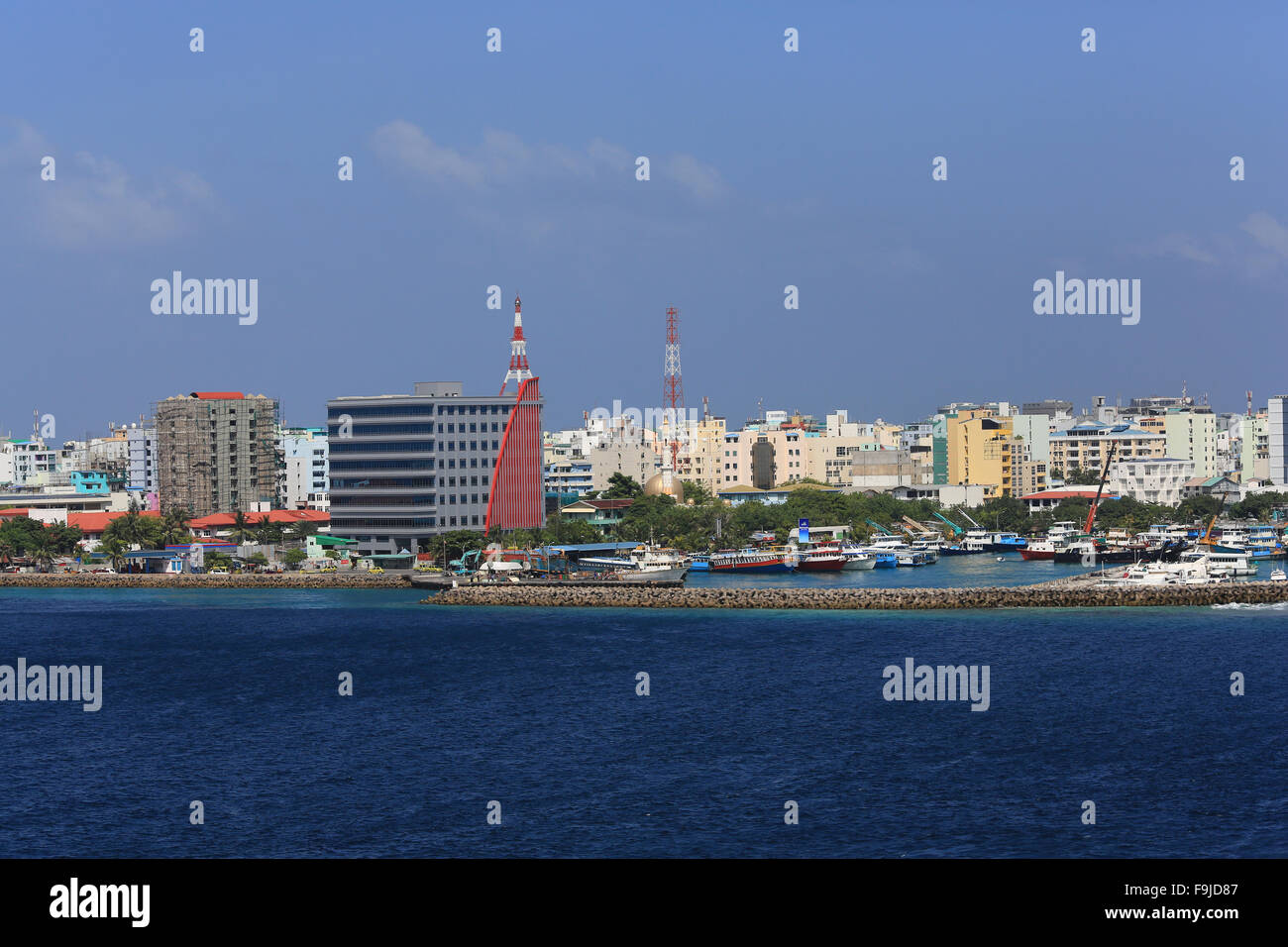 The densely populated island of Male in the Maldives, Indian Ocean, as ...