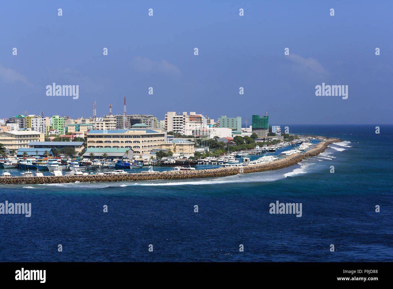 The densely populated island of Male in the Maldives, Indian Ocean, as ...