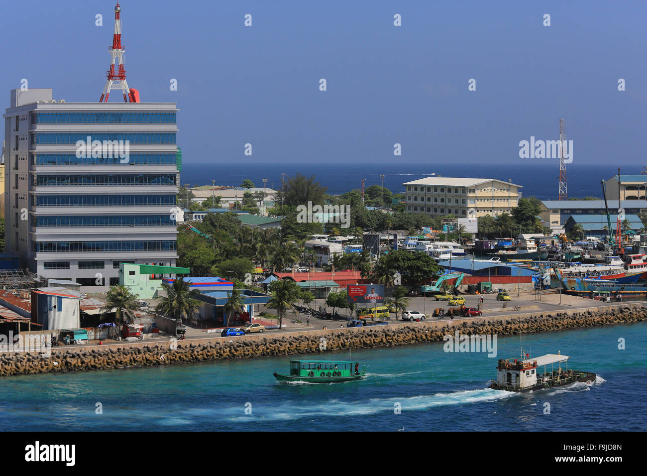 The densely populated island of Male in the Maldives, Indian Ocean, as ...
