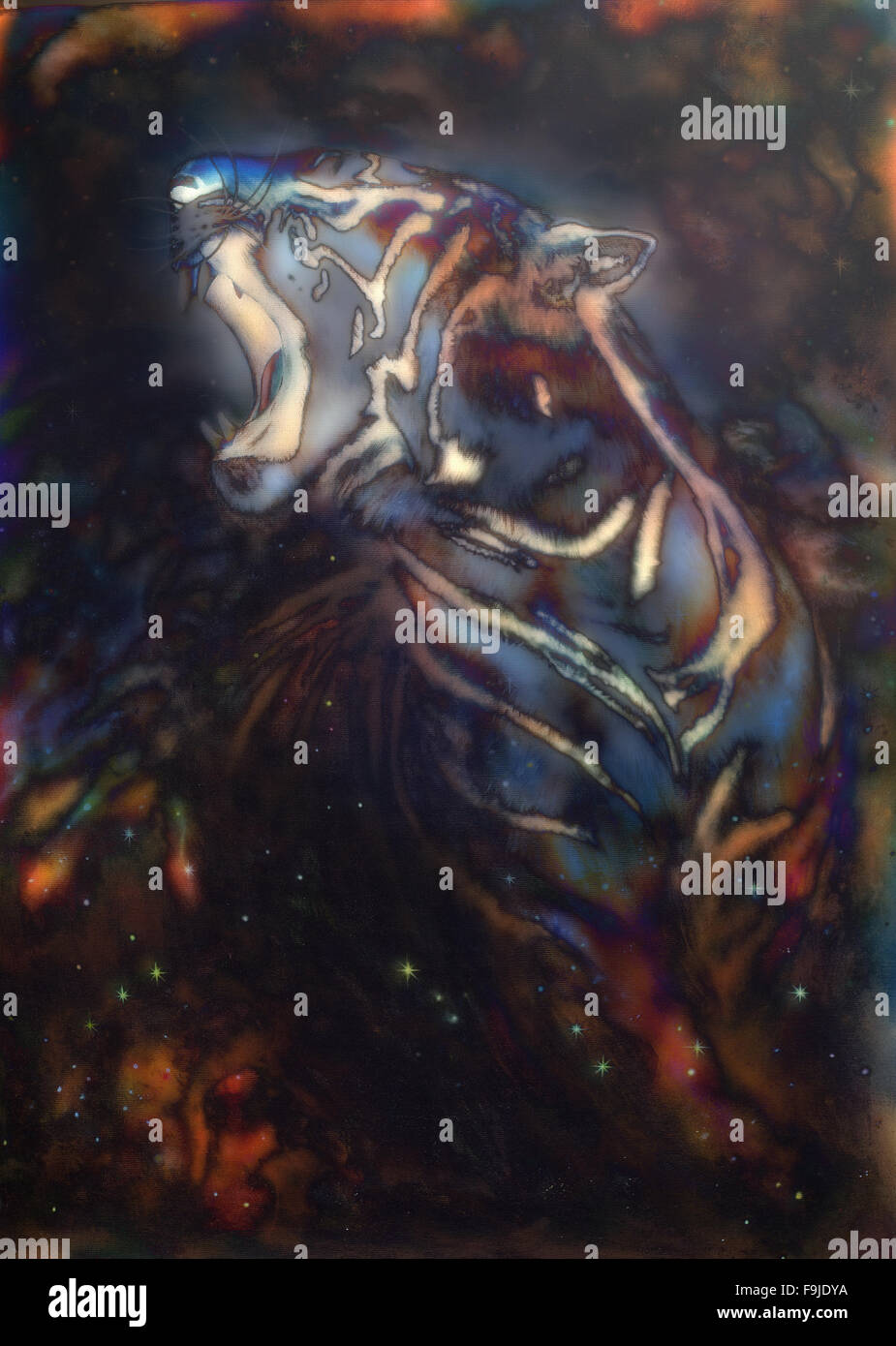 A beautiful airbrush painting of a roaring tiger on a abstract cosmical ...