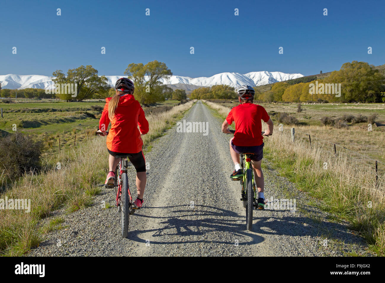 Cyclists on Otago Central Rail Trail in Ida Valley, and snow on Ida ...