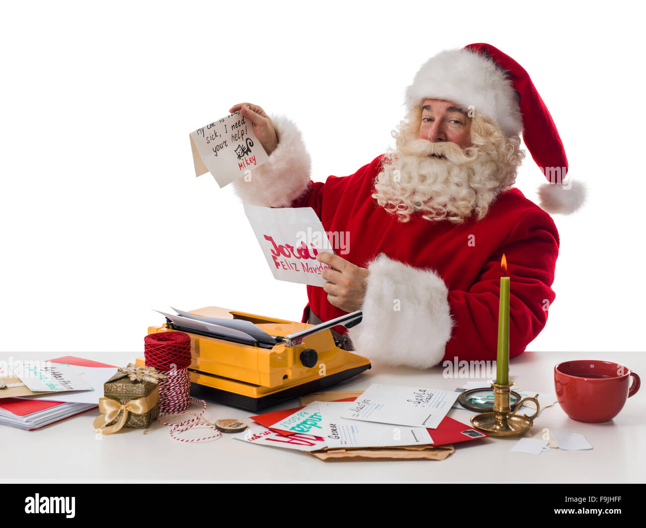 Santa Claus working with childrens letters Closeup Portrait Isolated on ...