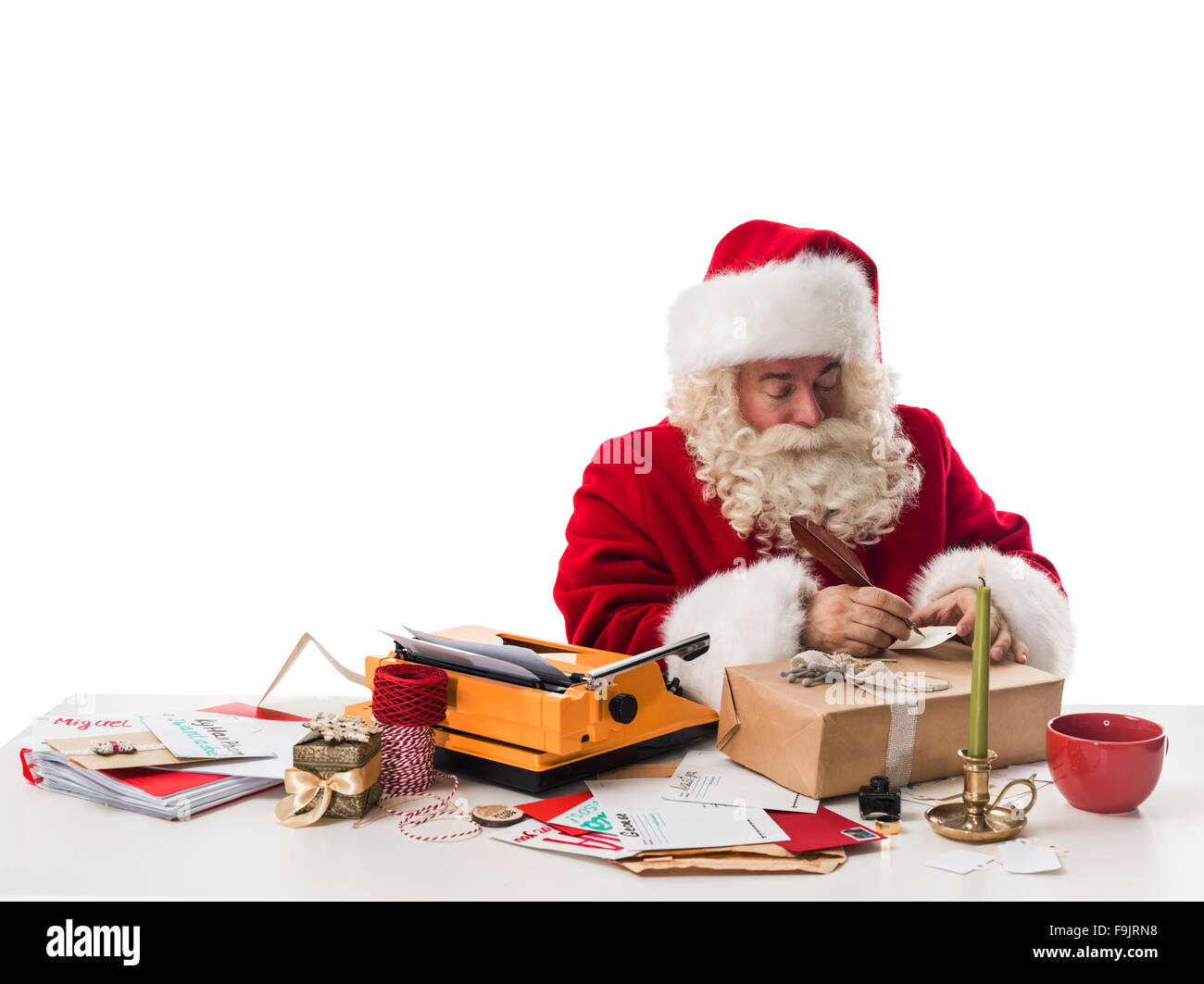 Santa Claus wrapping gift Closeup Portrait Isolated on White Background ...