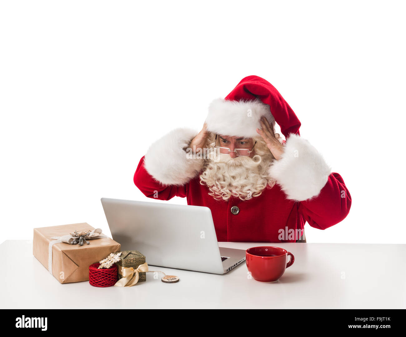 Santa Claus working with laptop Closeup Portrait Isolated on White ...